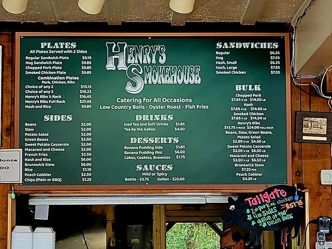 Behold, the menu of meaty dreams! This chalkboard masterpiece is like a roadmap to flavor town, guiding hungry pilgrims to their barbecue destiny.