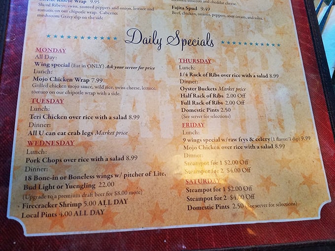 Daily specials that'll make your week! From wing-tastic Mondays to seafood-filled Saturdays, there's always something to look forward to.