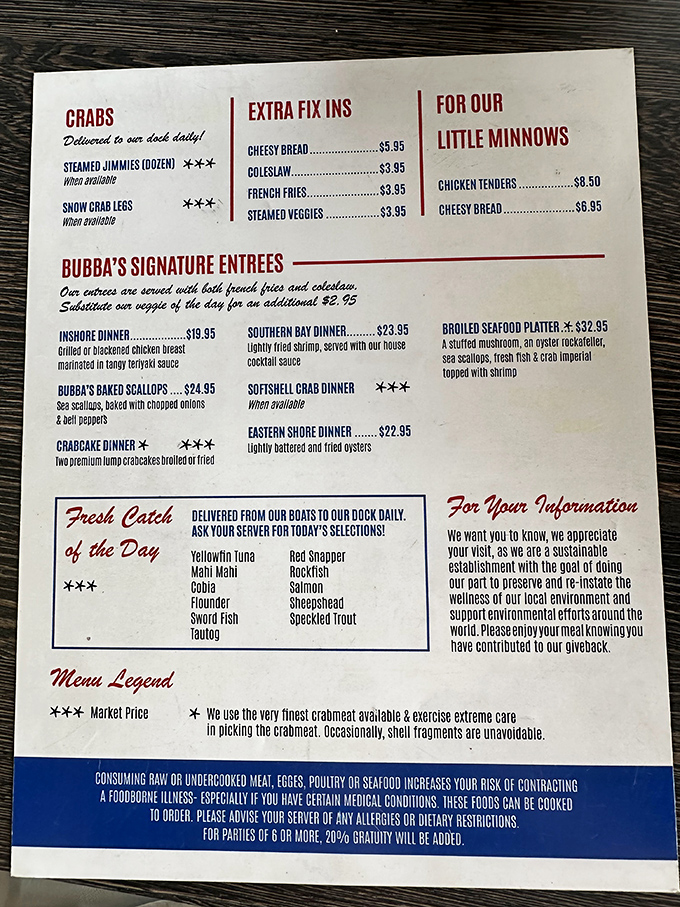 The menu at Bubba's is a seafood lover's dream chart. From "Extra Fix Ins" to "Signature Entrees," it's a nautical adventure for your taste buds.