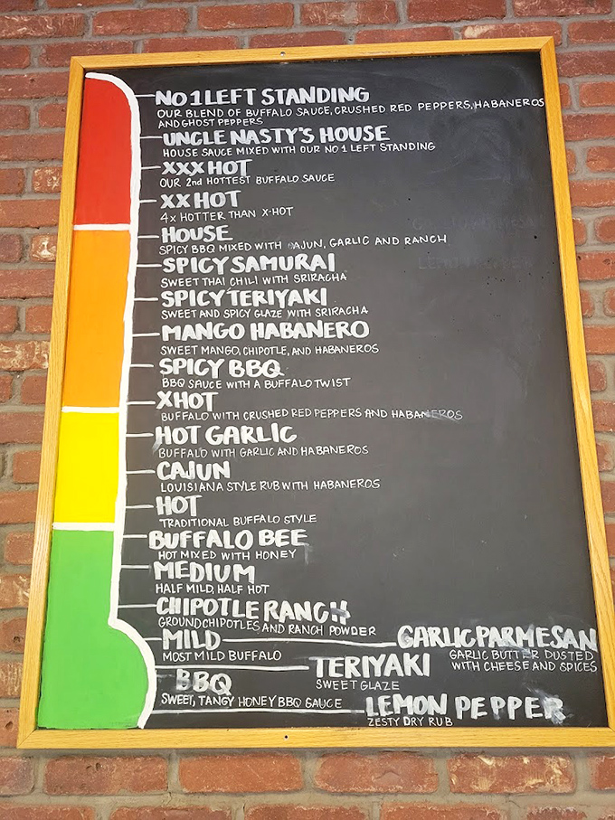 Behold, the sacred scroll of sauces! From "No Left Standing" to "Lemon Pepper," this menu is a flavor explorer's dream.