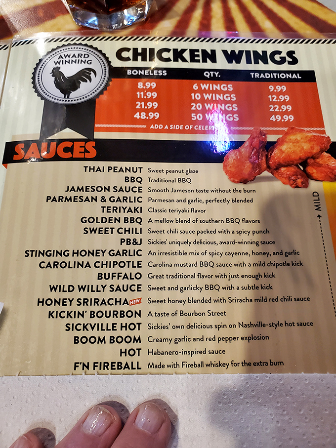 Behold, the menu of champions! With more sauce options than a NASCAR pit crew has tools, your taste buds are in for quite the ride.