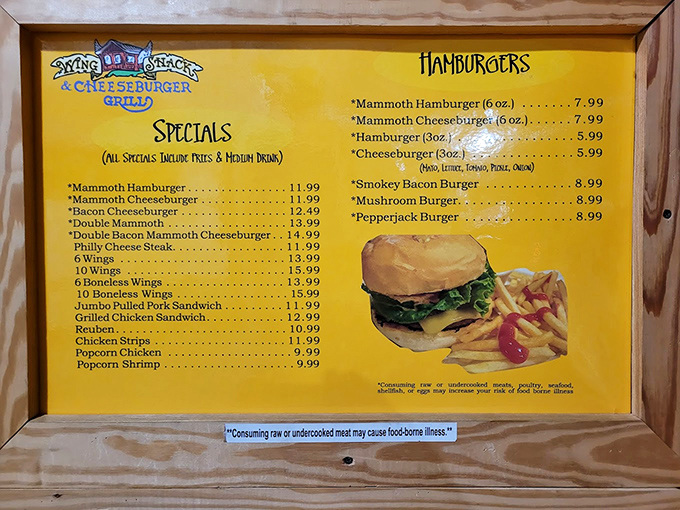 The menu board speaks the universal language of comfort food. Those Mammoth burgers aren't just named&mdash;they're accurately described.