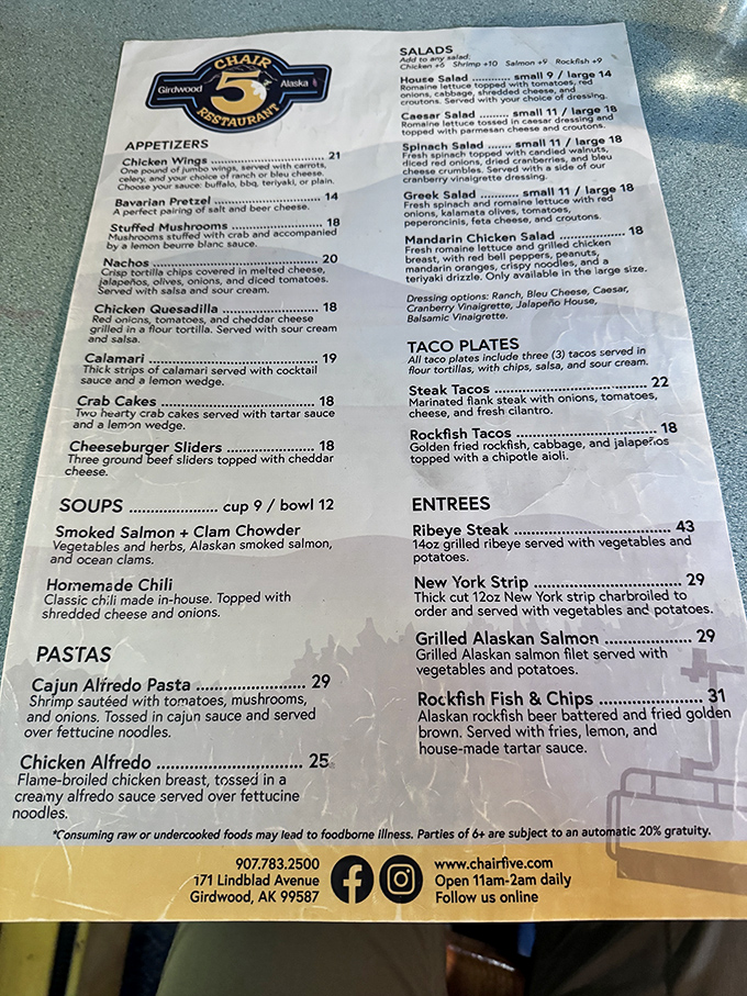 The menu reads like a love letter to comfort food, with those legendary buffalo wings sitting modestly at the top, hiding their superstar status.
