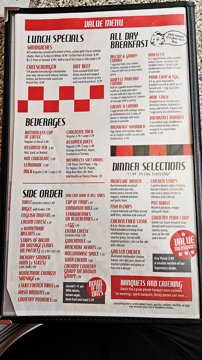 This menu's got more options than a choose-your-own-adventure book. From breakfast burritos to meatloaf, your taste buds are in for a wild ride.