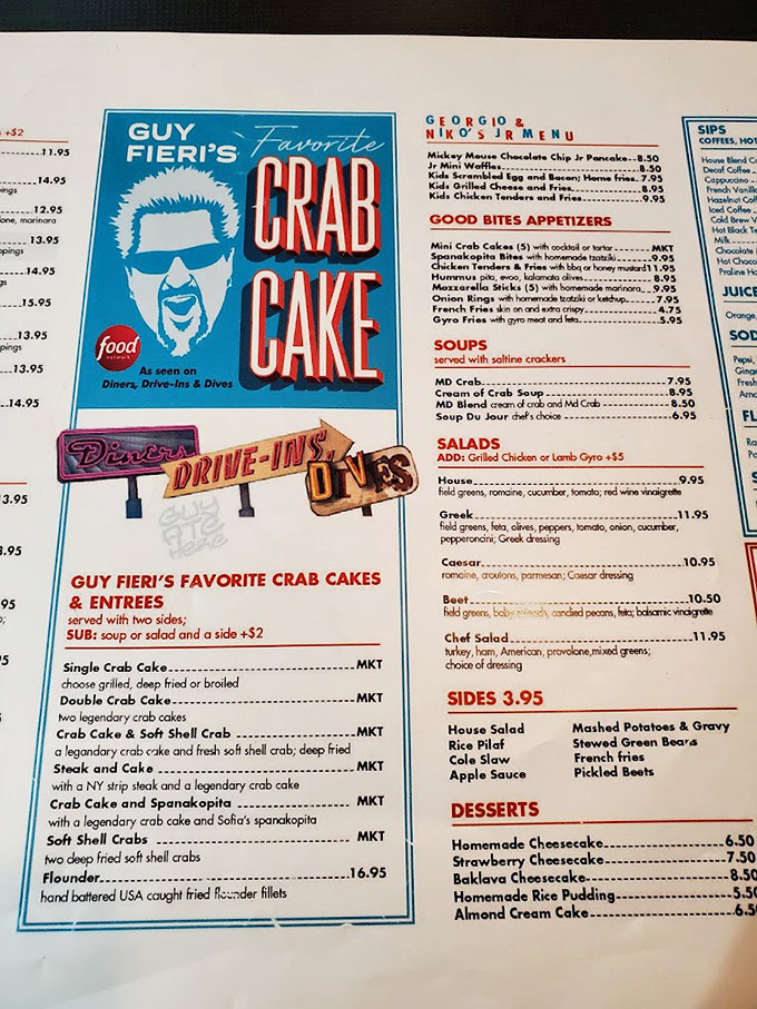Decisions, decisions! Guy Fieri's favorite crab cake shares menu space with local delights. It's like choosing between Batman and Superman &ndash; they're all heroes here!