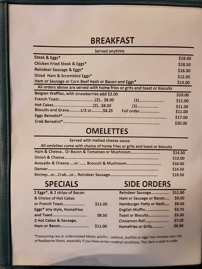 This isn't just a menu&mdash;it's a declaration of Alaskan independence from dainty portions. Note the reindeer sausage options!