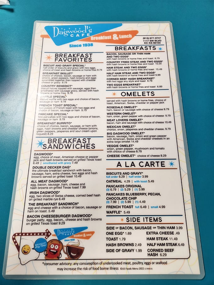 This menu is like a roadmap to breakfast paradise. Notice how reasonably priced everything is? That's not a misprint from 1975&mdash;that's Dagwood's gift to your wallet.