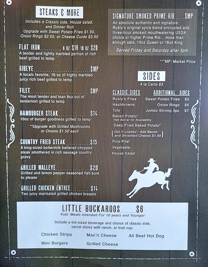 Menu, menu on the wall, who's the fairest steak of all? Rusty's offerings read like a carnivore's dream, with options to satisfy every cowpoke's cravings.