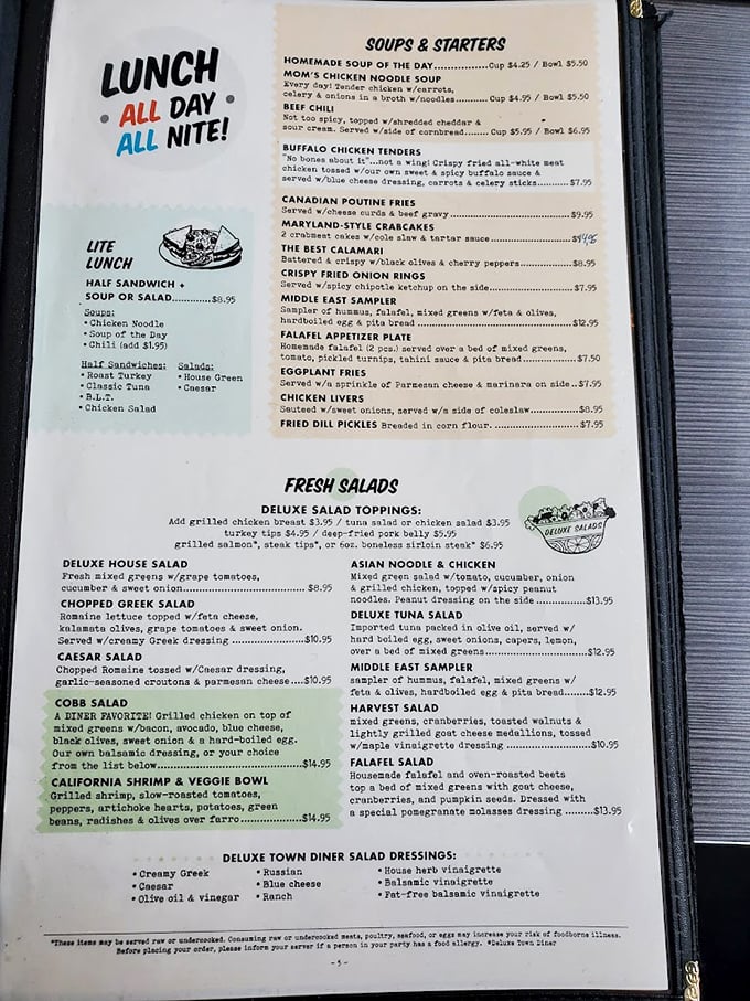 "Lunch ALL DAY &bull; ALL NITE!" proclaims the menu, offering everything from Maryland-style crabcakes to Canadian poutine fries.