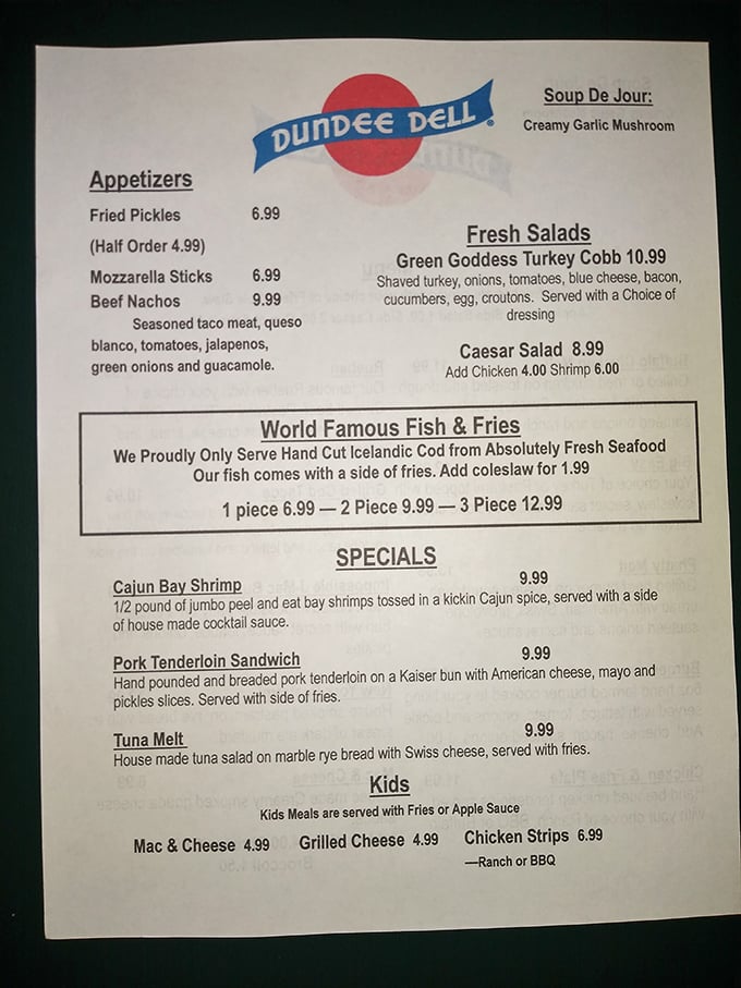 This menu is like a treasure map for your taste buds. X marks the spot for fried pickles and world-famous fish & chips!
