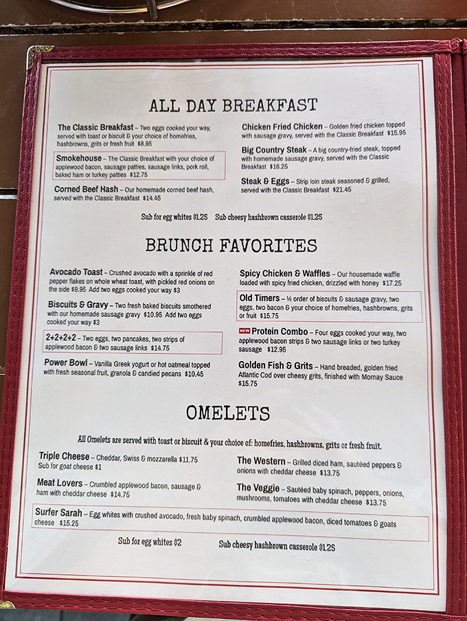 Breakfast bliss on paper: This menu reads like a love letter to morning indulgence, with options to satisfy every craving.