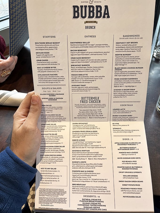 A menu that reads like a love letter to Southern cuisine. Warning: May cause spontaneous "y'alls" and cravings for sweet tea.