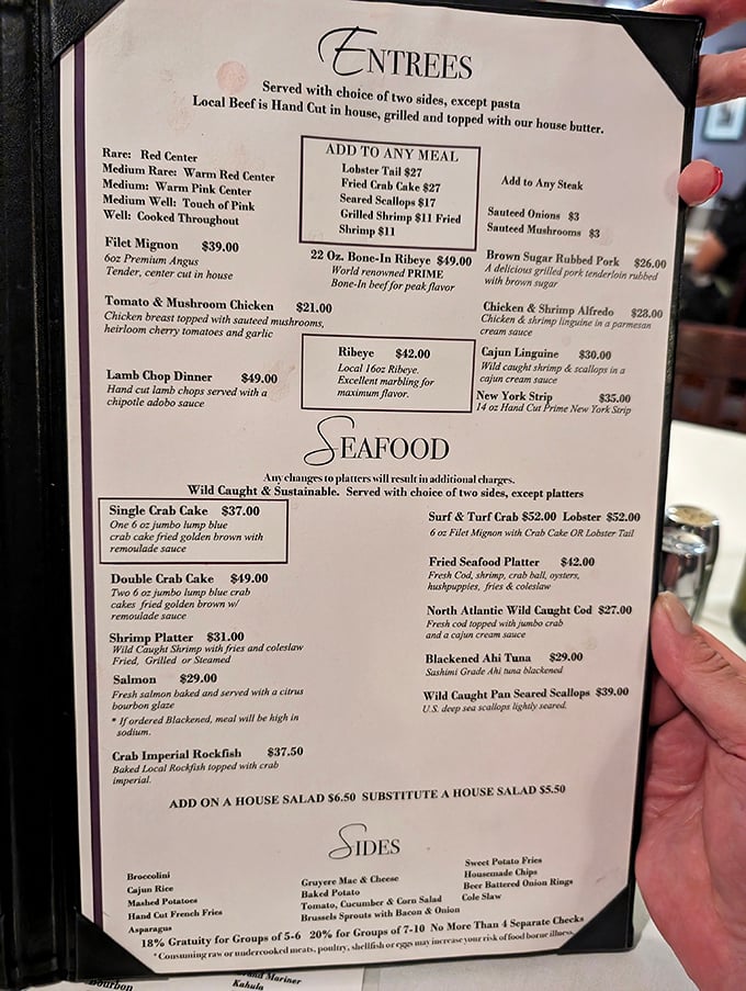 A menu that reads like a love letter to Maryland cuisine, where land meets sea in delicious harmony.