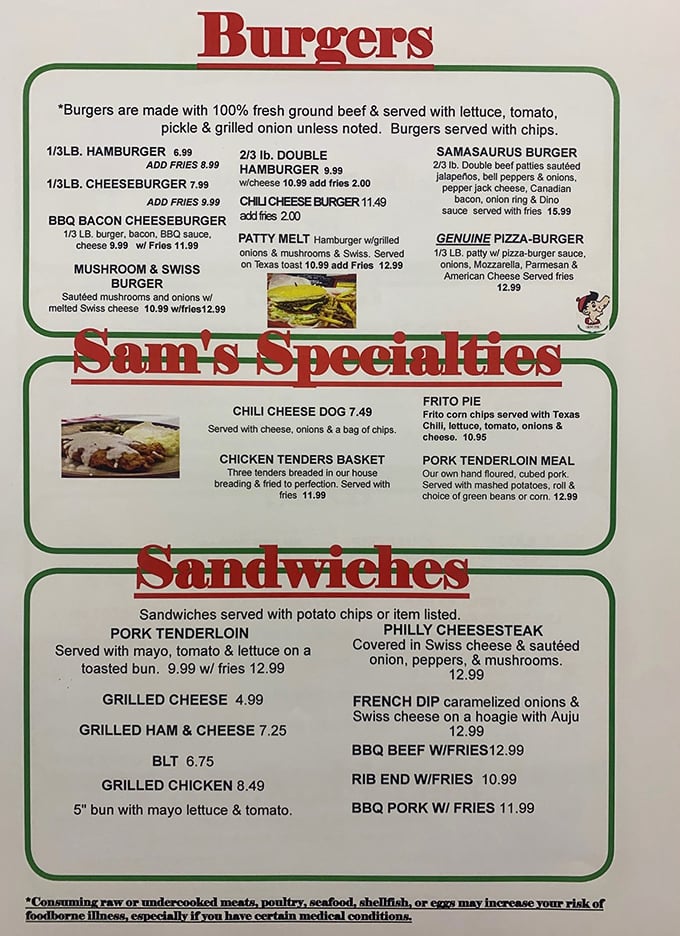 Menu magic: Where the Samasaurus Burger roams and the Pork Tenderloin reigns supreme. Good luck making just one choice!