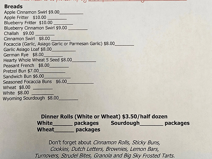 A menu that reads like a love letter to gluten. From Apple Fritters to Wyoming Sourdough, it's a carb lover's paradise.