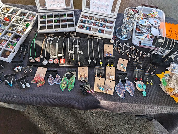Sparkle central! This jewelry display is like a treasure chest exploded, scattering gems that would make even a magpie's head spin with delight.