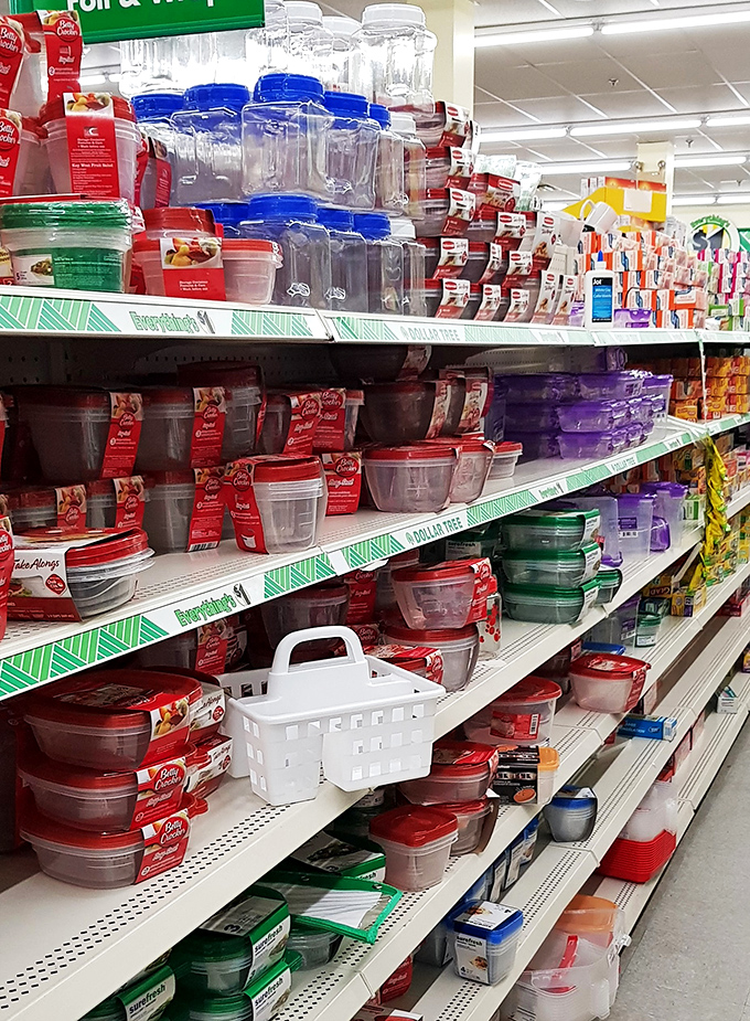 Behold, the Great Wall of Tupperware! Enough containers to store every leftover from here to eternity, and maybe even your hopes and dreams.