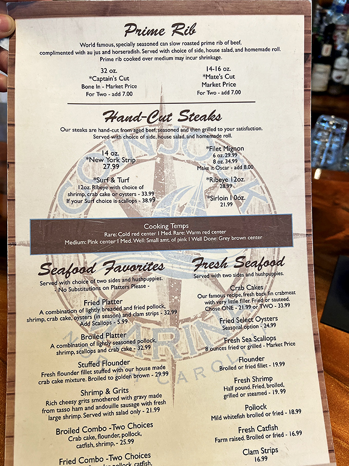 Behold, the menu of meaty dreams! From the legendary 32-ounce prime rib to hand-cut steaks, it's a carnivore's choose-your-own-adventure.