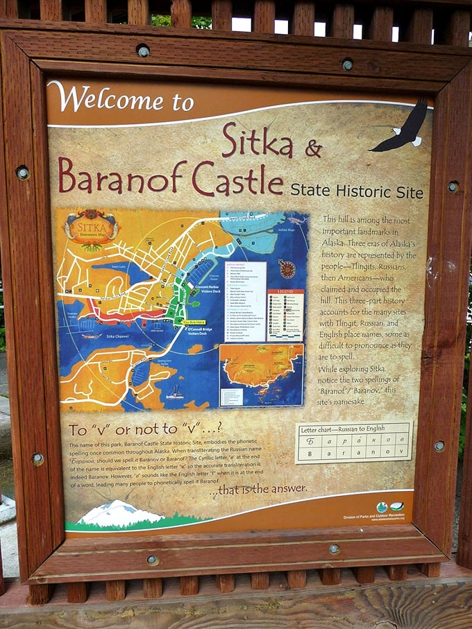 Welcome to Sitka's time machine! This sign is your ticket to a Russian-American adventure, no DeLorean required.