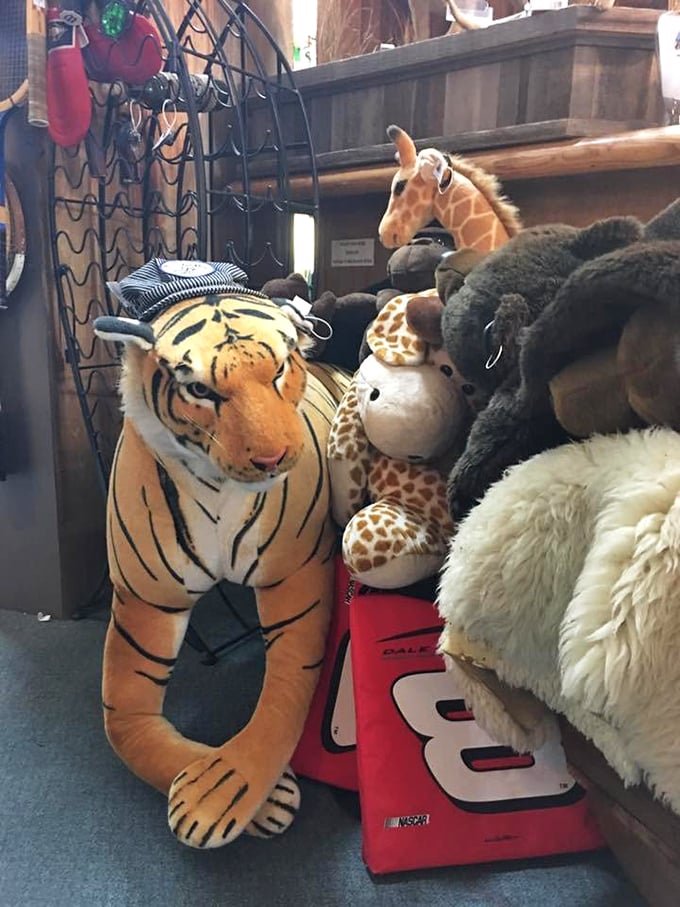 Who knew Noah's Ark had a gift shop? This menagerie of plush pals is ready to adopt you. That tiger looks suspiciously like he's plotting a great escape!