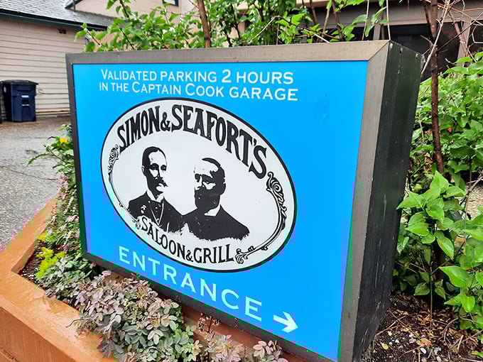 Simon & Seafort's: Where history meets halibut. This entrance sign promises a saloon experience smoother than a perfectly aged whiskey.