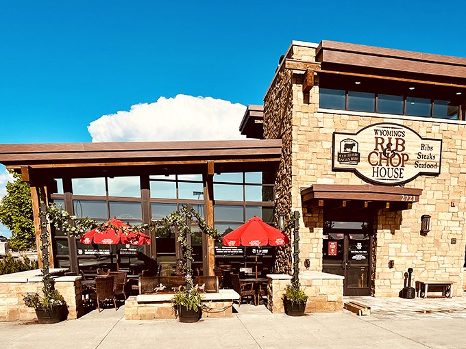 Wyoming's Rib & Chop House: Where Paul Bunyan meets Captain Ahab! This rustic exterior hints at a surf-and-turf adventure within.