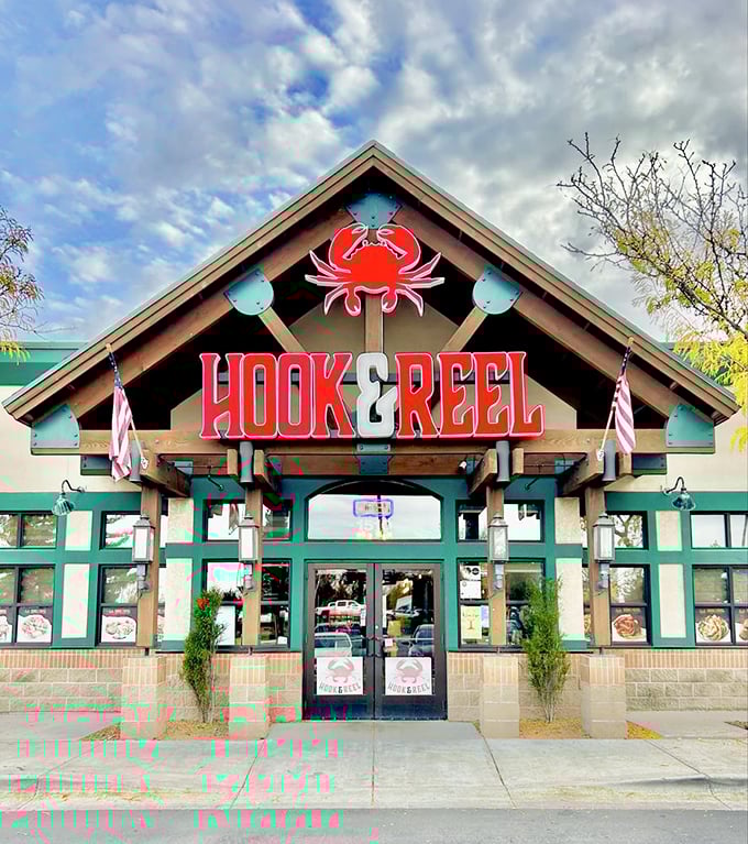 Crab-tivating design! Hook & Reel's facade is like a seafood lover's log cabin &ndash; rustic charm meets oceanic delights.