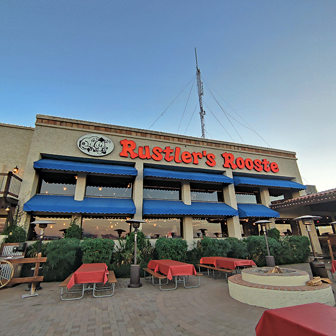 Blue awnings by day, twinkling lights by night. Rustler's Rooste is ready to rustle up some serious flavor, any time!