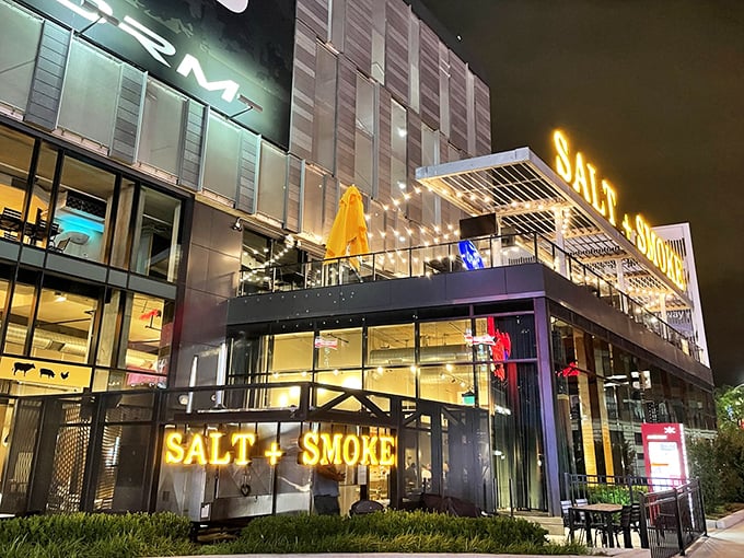 Salt + Smoke: "Neon lights, smoky nights! Where barbecue meets seafood in a delicious dance that'll make your taste buds two-step."