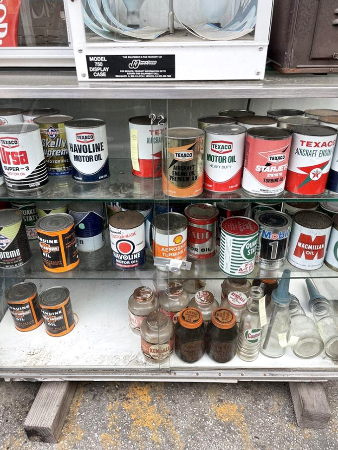 Motor oil museum or mechanic's dream? These vintage cans are a rainbow of automotive history. Your dad's garage never looked this good!