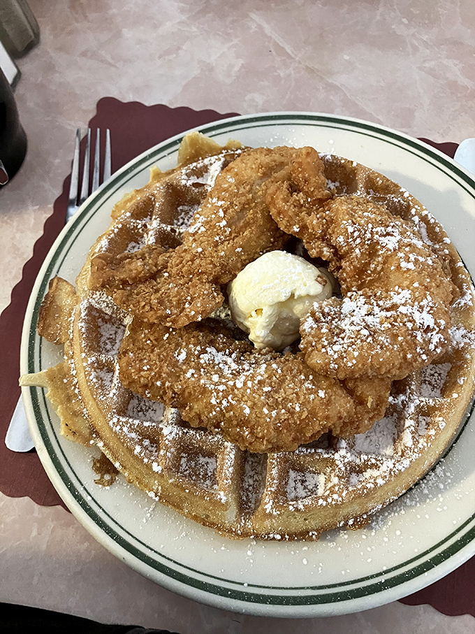 Holy crispy crunch, Batman! This chicken and waffle combo is the superhero duo your taste buds have been waiting for. Kryptonite to diets everywhere.