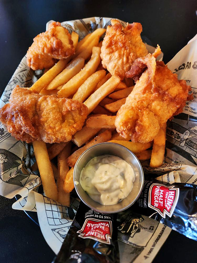 Golden, crispy fish and chips that would make even a Dalek say "Delicious!" Paired with a side of timey-wimey goodness.