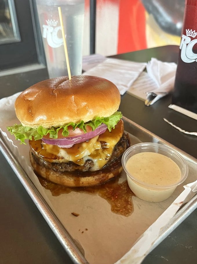 Aloha, deliciousness! This burger brings a taste of Hawaii to the desert, proving that paradise can indeed be found between two buns.
