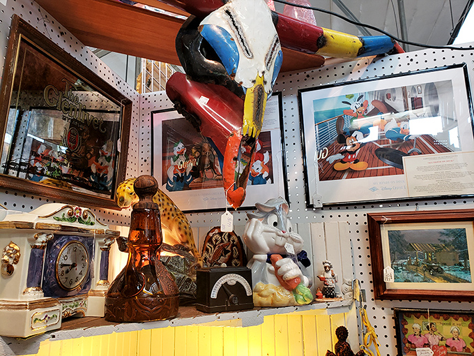 Whimsical wonderland alert! Disney meets vintage in this colorful corner. Is that Mickey rubbing elbows with a retro alarm clock?