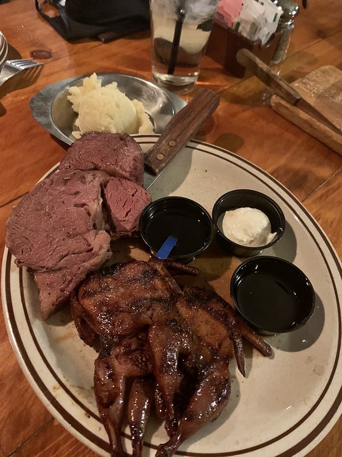 The dynamic duo of flavor! Prime rib and quail join forces on a plate, proving that sometimes, more really is more. Carnivore's delight, anyone?