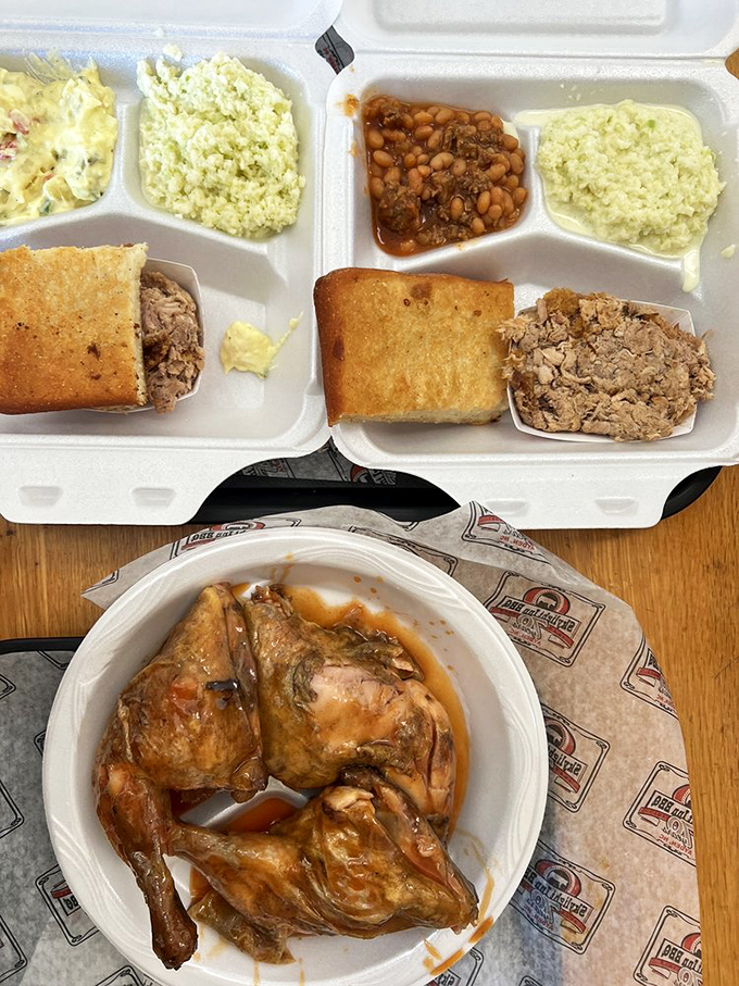 White foam trays holding smoked treasures&mdash;this isn't fancy plating, it's barbecue substance over style, where the meat speaks eloquently without garnish.
