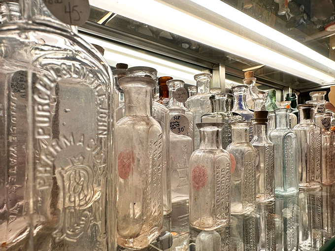 A symphony of glass and history. These vintage bottles whisper tales of elixirs and tonics from a bygone era.