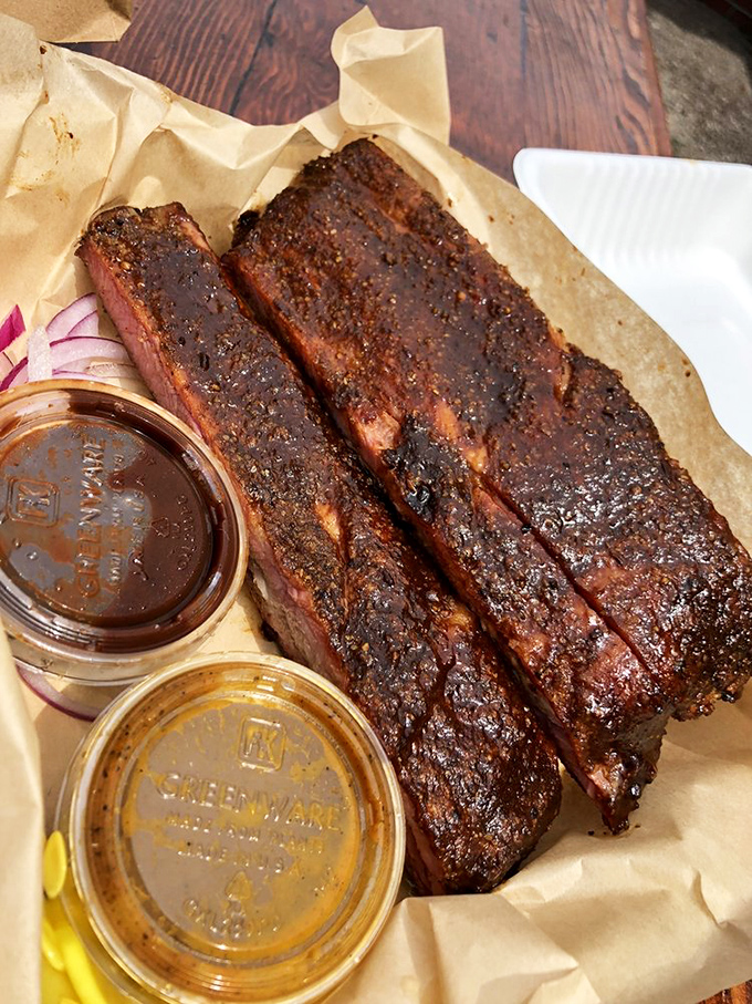 Behold, the pi&egrave;ce de r&eacute;sistance! These ribs are so tender, they practically fall off the bone with a gentle sea breeze.