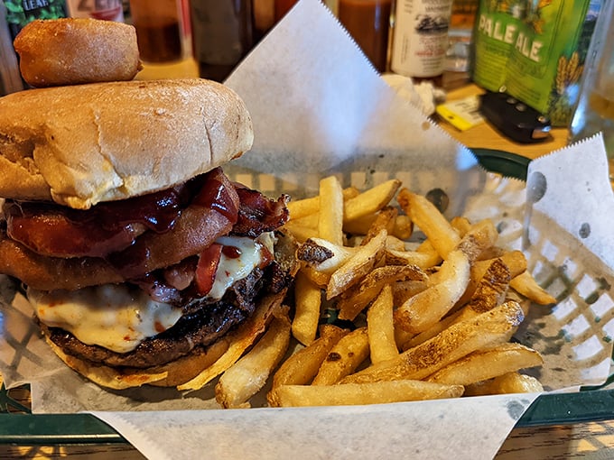Holy cow! This bacon cheeseburger isn't just a meal; it's a monument to meaty magnificence. Napkins required!