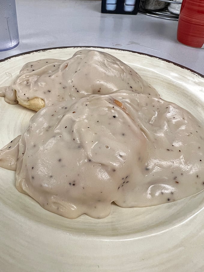 Behold, the holy grail of breakfast! This biscuit and gravy could make a grown man weep with joy. Napkins are not optional.