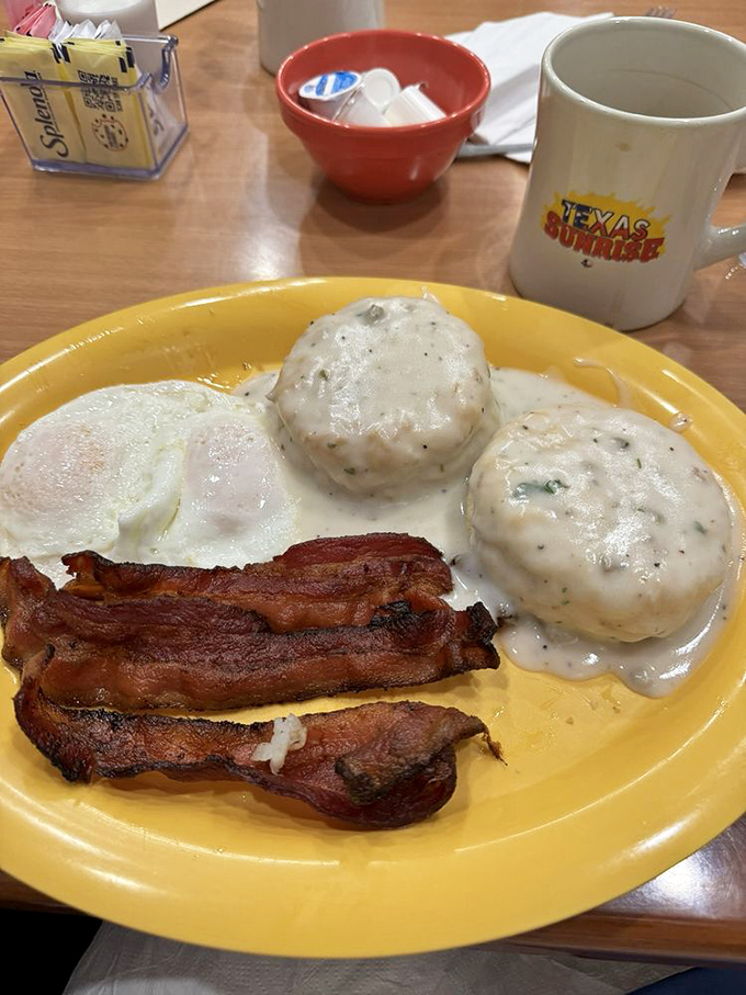 Behold, the breakfast of champions! These biscuits and gravy could make a cowboy weep with joy. Bonus: The coffee mug doubles as a hand-warmer on chilly mornings.