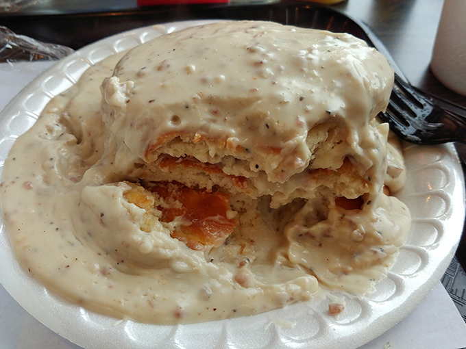 Biscuits and gravy nirvana! This plate is what dreams are made of &ndash; fluffy clouds of biscuits swimming in a sea of peppery, creamy bliss.