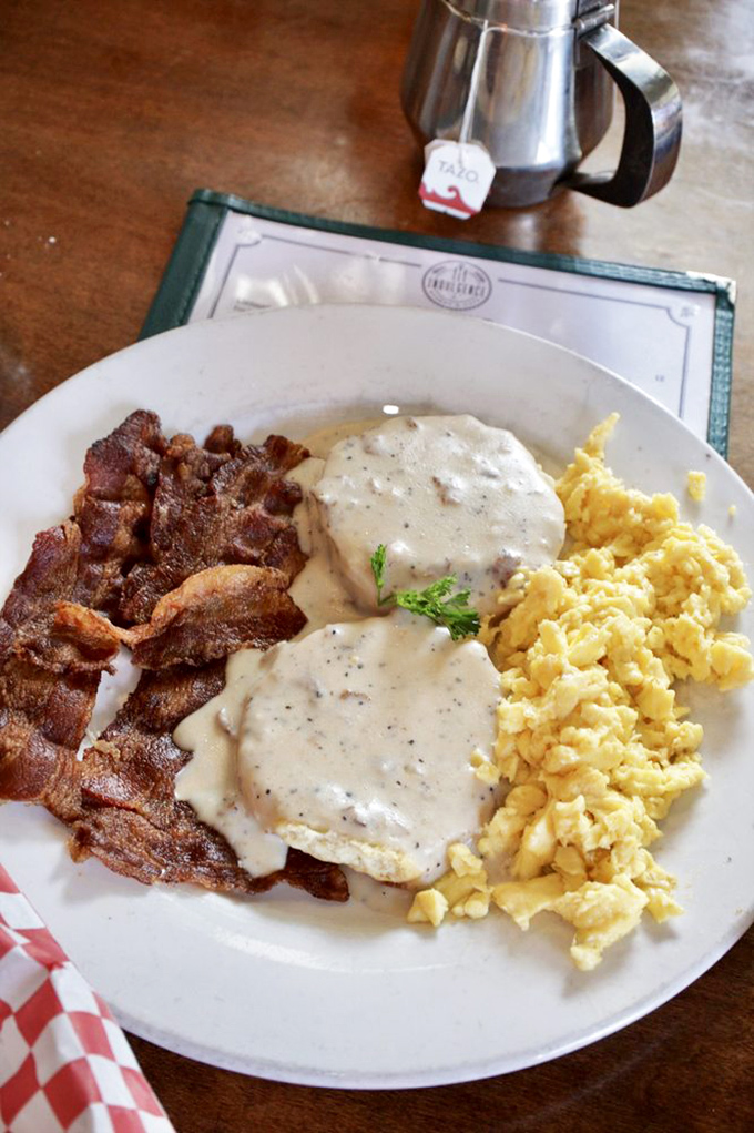 Holy gravy, Batman! This plate of biscuits and gravy isn't just breakfast; it's a superhero swooping in to save your morning from mundane meals.