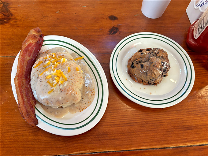 Biscuits and gravy: the breakfast equivalent of a warm embrace from your favorite grandma, with a side of crispy bacon for good measure.