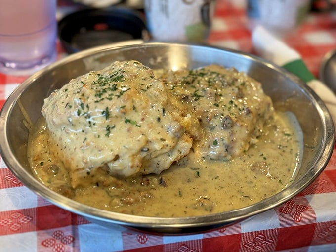 Biscuits swimming in a sea of creamy sausage gravy? It's like a warm, peppery hug for your stomach.