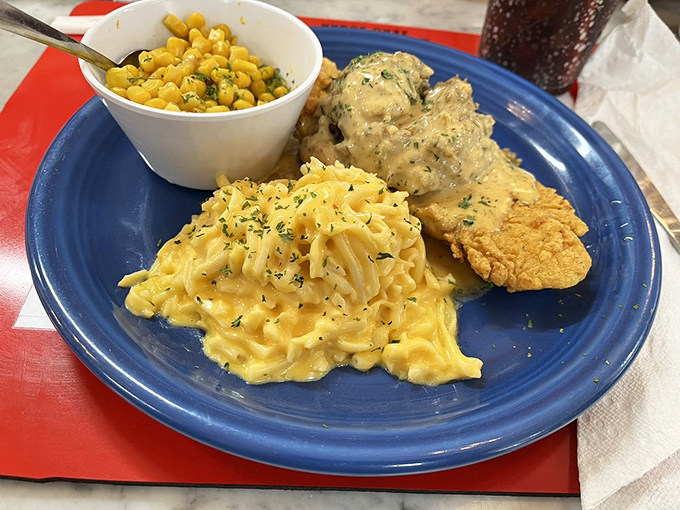 Southern comfort on a plate! This blue plate special looks like it could cure everything from a broken heart to a Bourbon Street hangover.