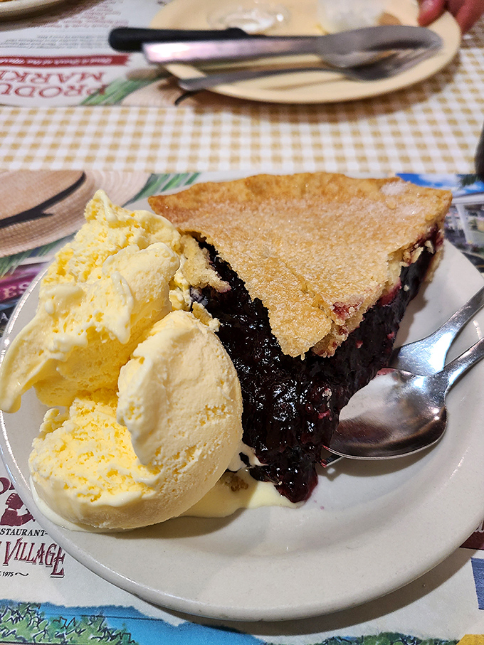 Blue ribbon dreams in every bite! This blueberry pie, crowned with creamy ice cream, is so good it might make you forget about Florida's beaches.