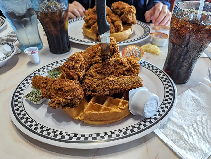 Chicken and waffles: the Romeo and Juliet of comfort food. This plate's a love story that even Shakespeare couldn't have scripted better.