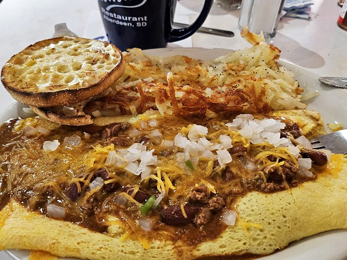 Is it an omelet or a work of art? This chili-topped creation looks like it could fuel a small army&mdash;or one very hungry food enthusiast.