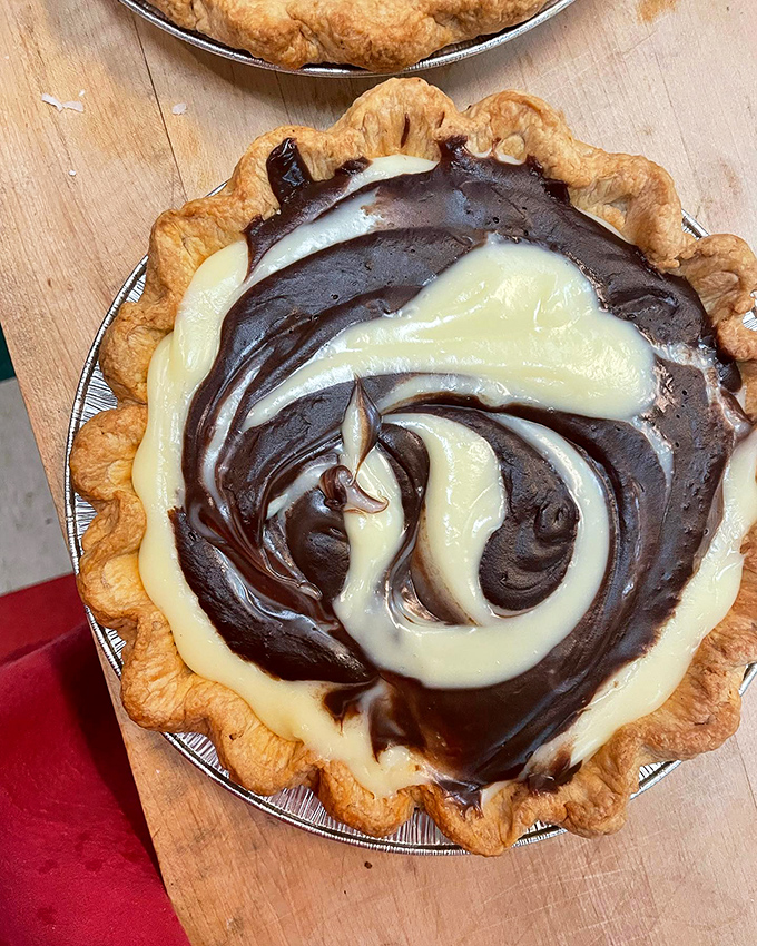 Holy moly, it's a pie-fecta! This chocolate and vanilla swirl creation is what dreams are made of. Resistance is futile, folks.